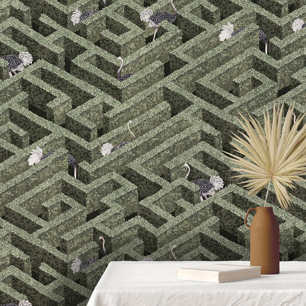 Labyrinth with Ostriches Wallpaper - Eucalyptus